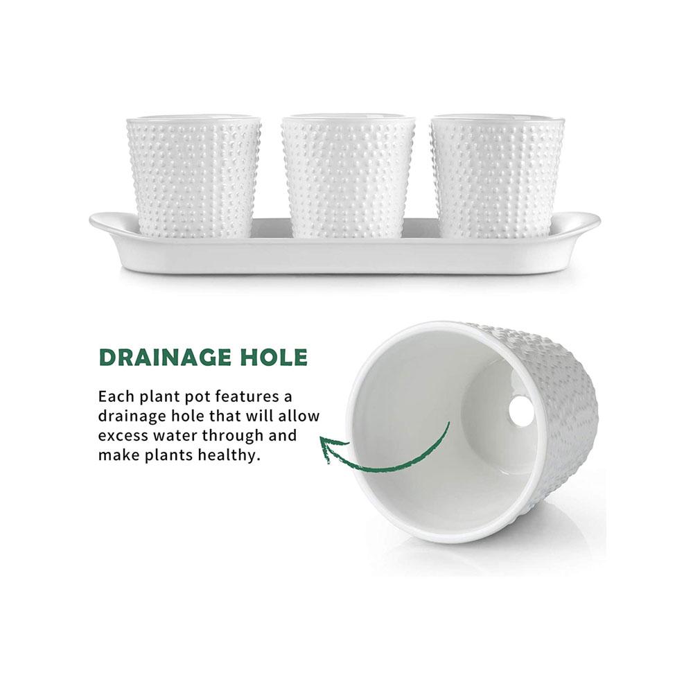 Wholesale White Herb Textured Ceramic Planter Pot Set With Tray