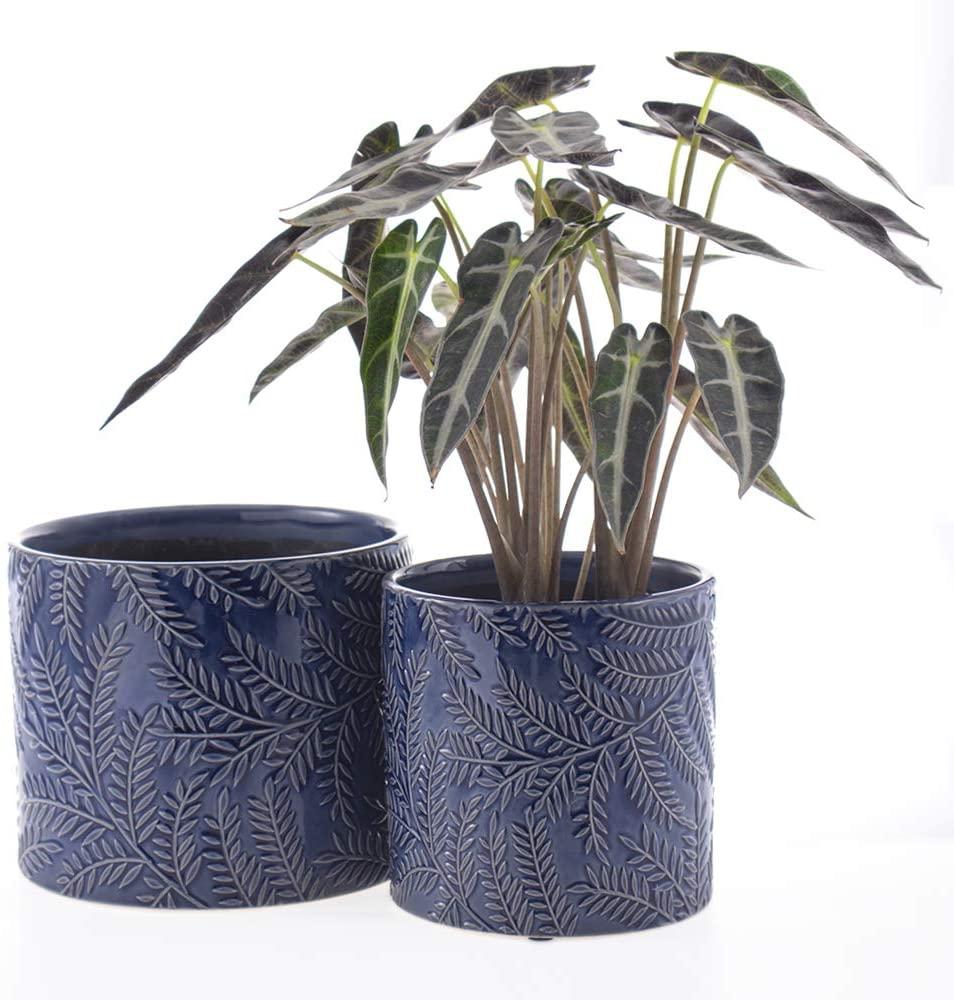 White Leaf Pattern Style Ceramic Planters Garden Flower Pot Indoor and ...